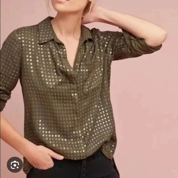 Maeve | Tops | Maeve Olive Green Sequin Dot Button Down Top | Poshmark